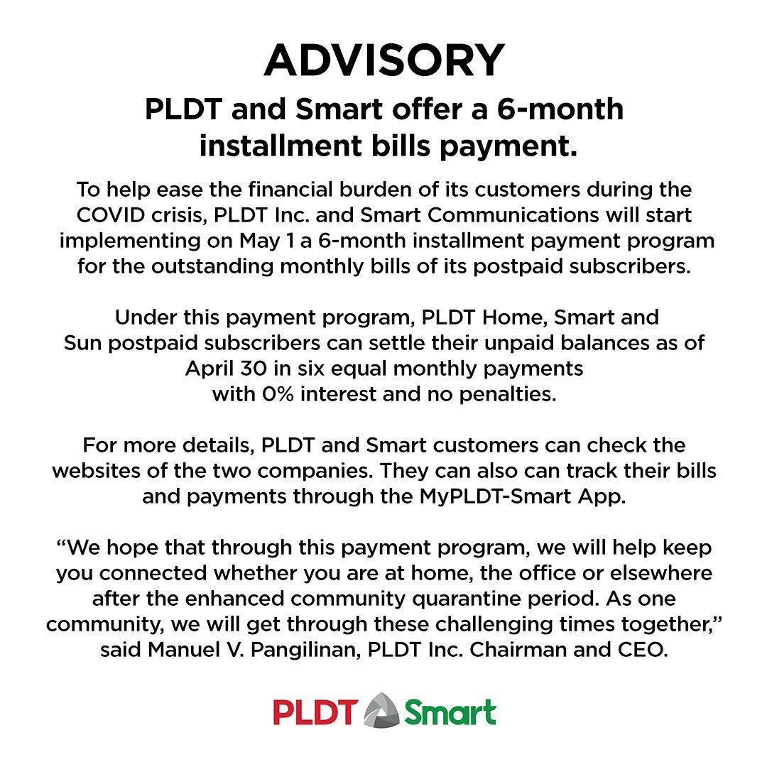 PLDT and Smart offer 6-month installment bills payments PLDT and Smart offer 6-month installment bills payments